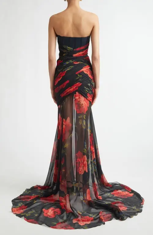 Carolina Herrera Rose Print Silk Chiffon Gown - Black Multi