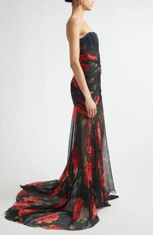 Carolina Herrera Rose Print Silk Chiffon Gown - Black Multi