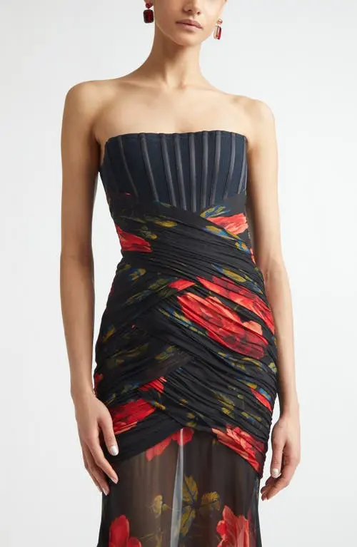 Carolina Herrera Rose Print Silk Chiffon Gown - Black Multi
