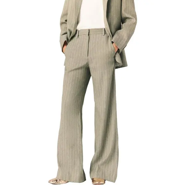 Maje Linen-blend Pinstriped Wide-leg Trousers