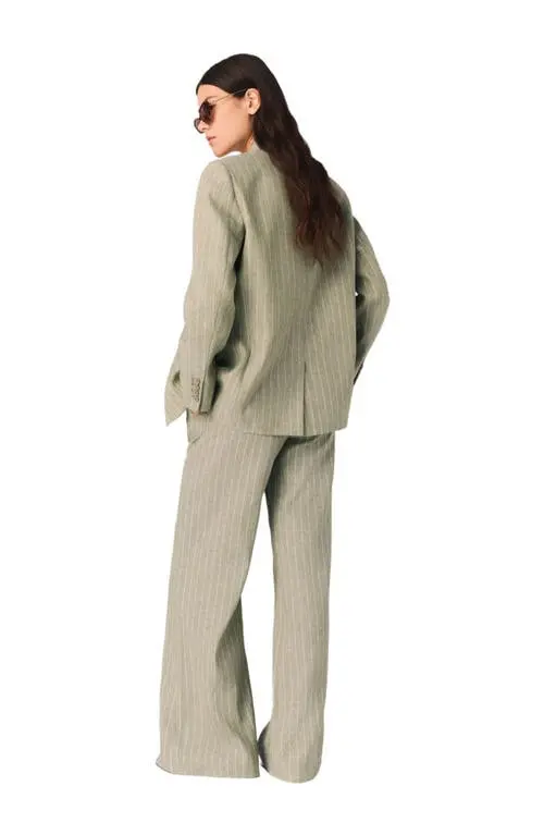 Maje Linen-blend Pinstriped Wide-leg Trousers