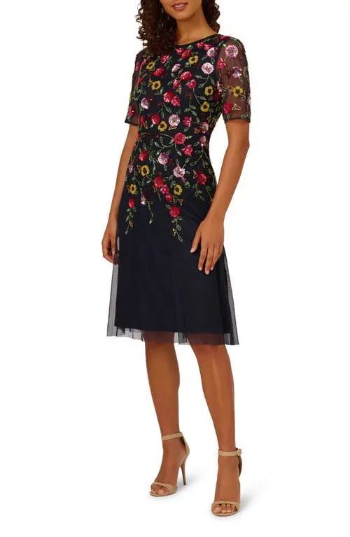Adrianna Papell Floral Beaded Mesh Cocktail Dress