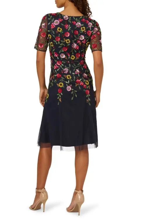 Adrianna Papell Floral Beaded Mesh Cocktail Dress
