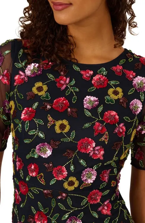 Adrianna Papell Floral Beaded Mesh Cocktail Dress