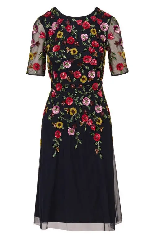 Adrianna Papell Floral Beaded Mesh Cocktail Dress