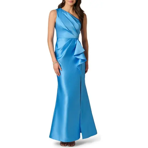 Adrianna Papell One-shoulder Mikado Gown With Ruffled Slit