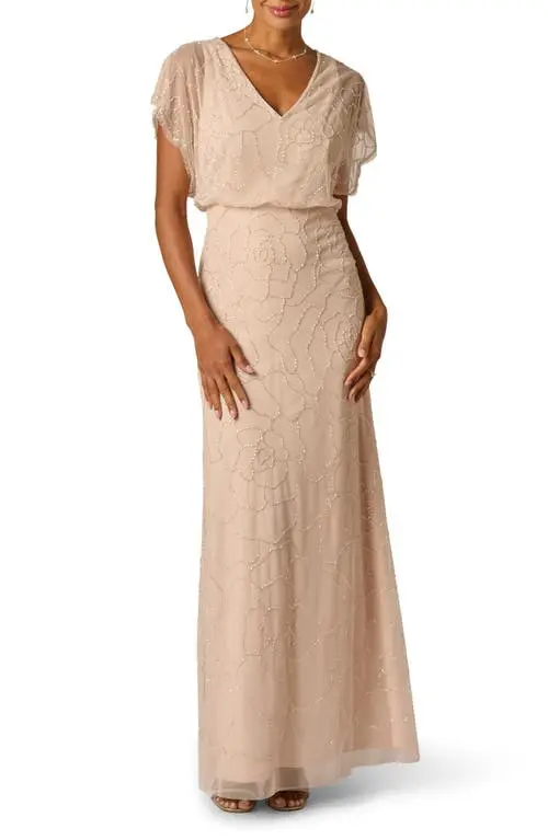 Adrianna Papell Beaded Mesh Blouson Gown