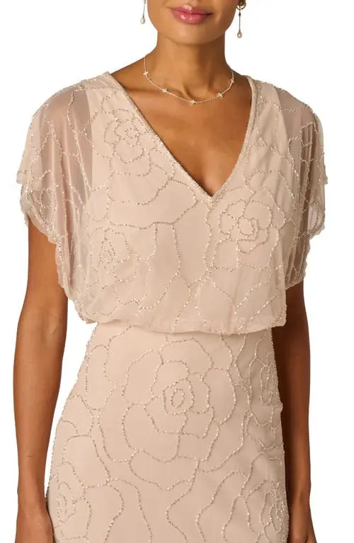 Adrianna Papell Beaded Mesh Blouson Gown