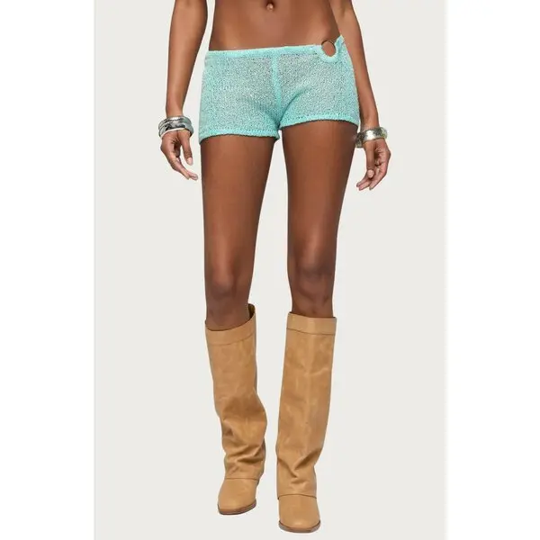 EDIKTED Sequined Knit Micro Shorts With O-ring Detail - Aqua