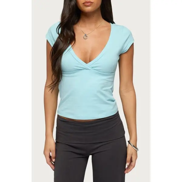 EDIKTED Penelopy Overlap V-neck T-shirt - Light-blue