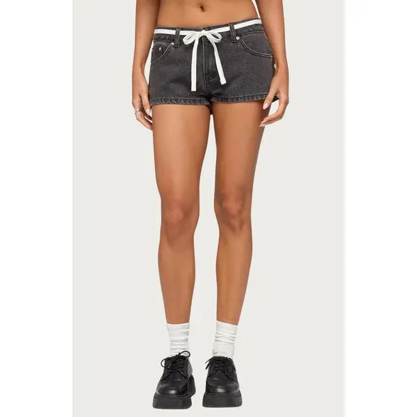 EDIKTED Olesia Tie Belt Denim Shorts - Black-washed