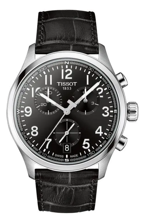 TISSOT Chronograph Stainless Steel And Leather Strap Watch - Black