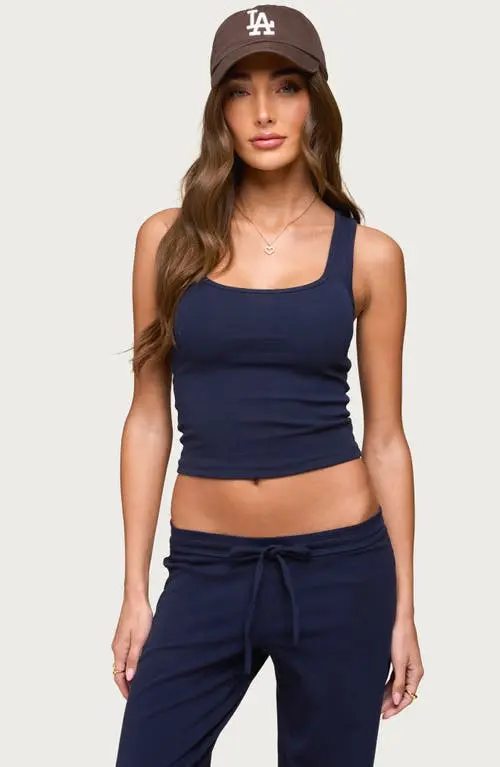 EDIKTED Ribbed Stretch Cotton Square Neck Crop Tank - Navy