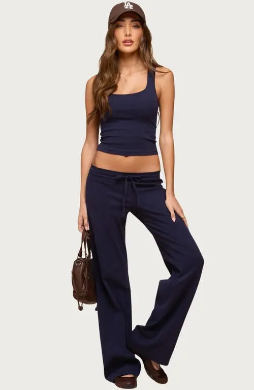 EDIKTED Ribbed Stretch Cotton Square Neck Crop Tank - Navy
