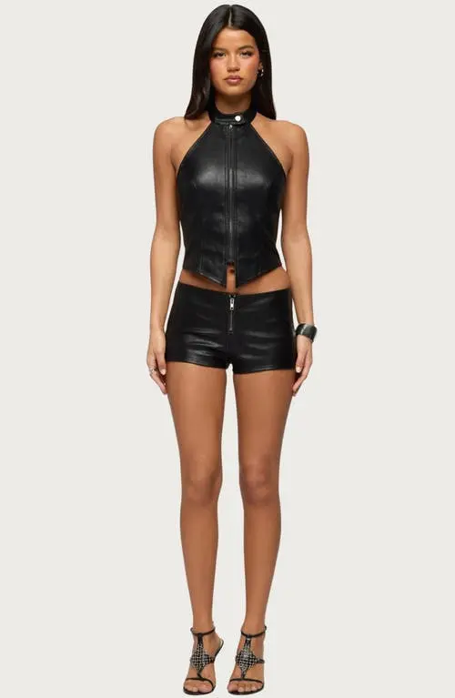 EDIKTED Faux Leather Micro Shorts With Exposed Zipper