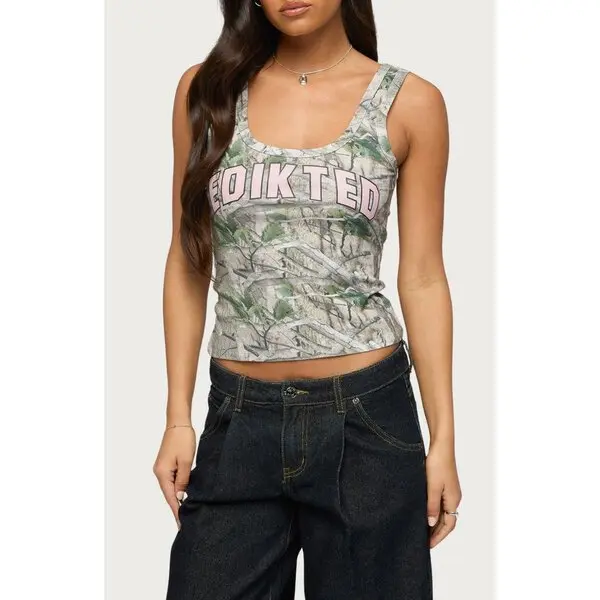 EDIKTED Ribbed Camouflage Print Cropped Tank Top