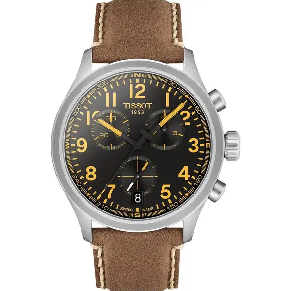TISSOT Chronograph Leather Strap Watch - Black