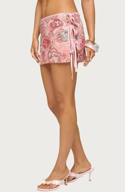 EDIKTED Sequin And Beaded Side Tie Mini Skirt