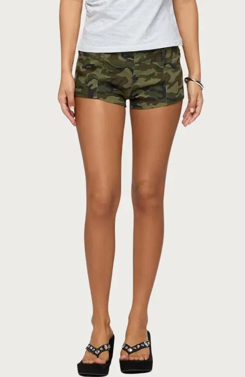 EDIKTED Camouflage Stretch Micro Shorts