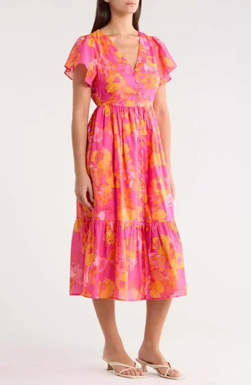 SUGARLIPS Elaris Floral Cotton Button-up Midi Dress