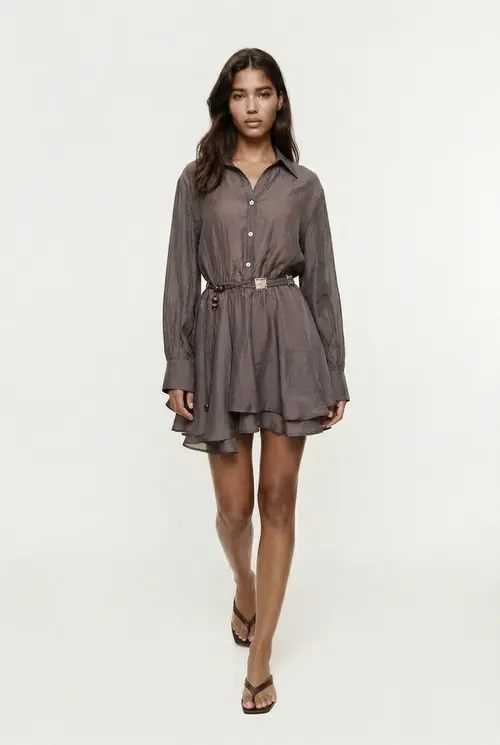 MONLICIA Alora Tencel™ Button-front Pleated Mini Shirt Dress - Brown