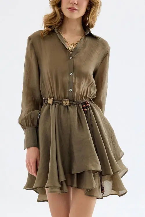 MONLICIA Alora Tencel™ Button-front Pleated Mini Shirt Dress - Khaki