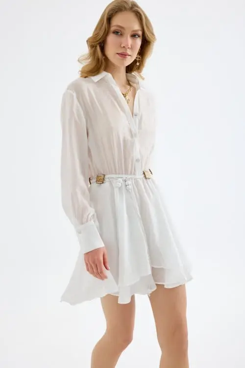 MONLICIA Alora Tencel™ Button-front Pleated Mini Shirt Dress - White