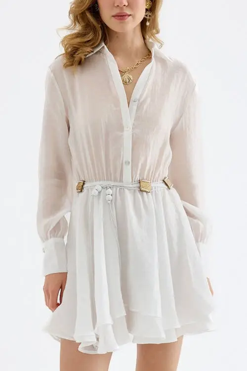 MONLICIA Alora Tencel™ Button-front Pleated Mini Shirt Dress - White