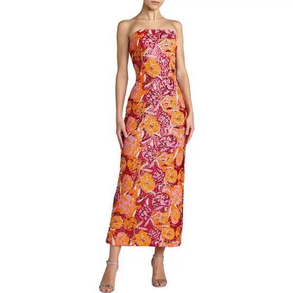 Mac Duggal Strapless Floral Sequin Midi Dress - Tangerine Multi