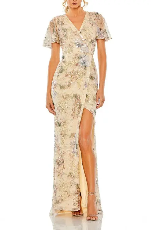 Mac Duggal Embellished Butterfly Sleeve Faux Wrap Gown - Champagne