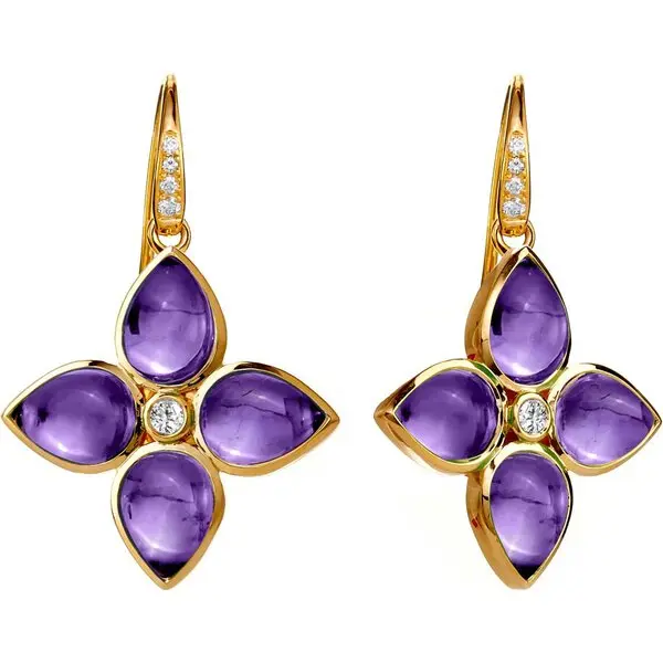 SYNA JEWELS Bloom Florae Earrings In 18k Yellow Gold With And Diamonds - Amethyst