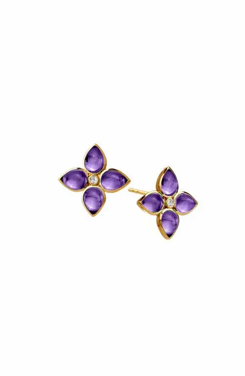 SYNA JEWELS Bloom Mini Florae Studs In 18k Yellow Gold With Gemstones And Diamonds - Amethyst