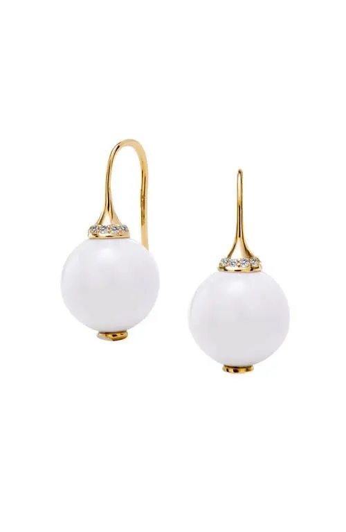 SYNA JEWELS 18k Yellow Gold Beaded Drop Earrings With Diamonds - White Agate