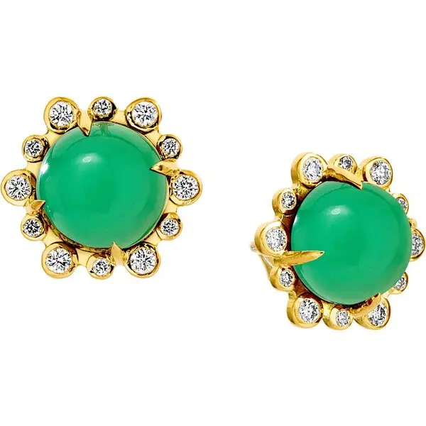 SYNA JEWELS Aura Petite Stud Earrings In 18k Yellow Gold With Gemstones And Diamonds - Chrysoprase