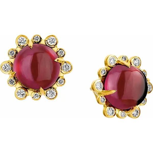 SYNA JEWELS Aura Petite Stud Earrings In 18k Yellow Gold With Gemstones And Diamonds - Garnet