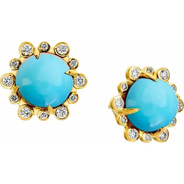 SYNA JEWELS Aura Petite Stud Earrings In 18k Yellow Gold With Gemstones And Diamonds - Turquoise