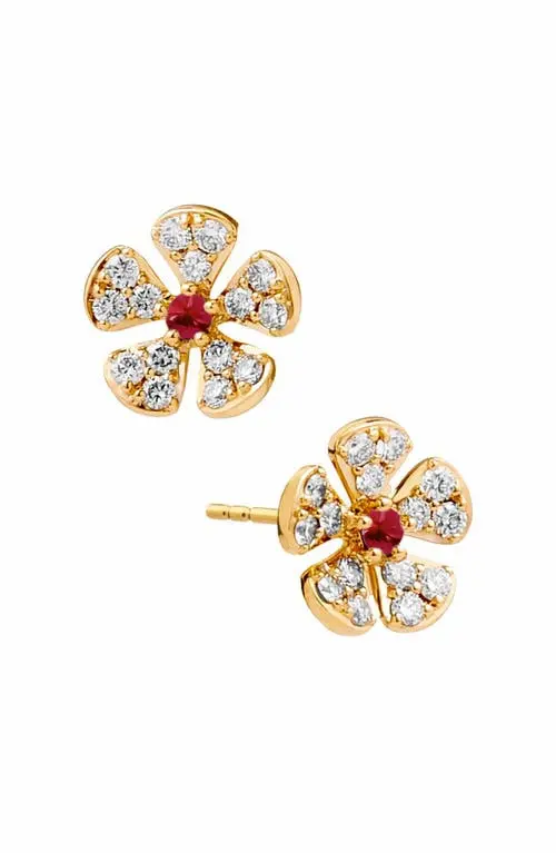 SYNA JEWELS 18k Yellow Gold And Flower Stud Earrings - Ruby