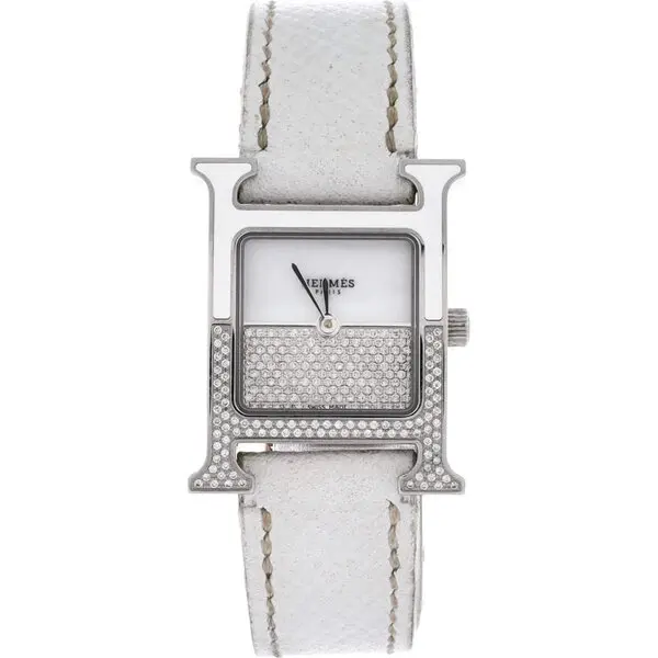 Hermès Heure H Double Jeu Quartz Watch Stainless Steel And Leather With Enamel And Pave Diamond Bezel And Dial 21 - White