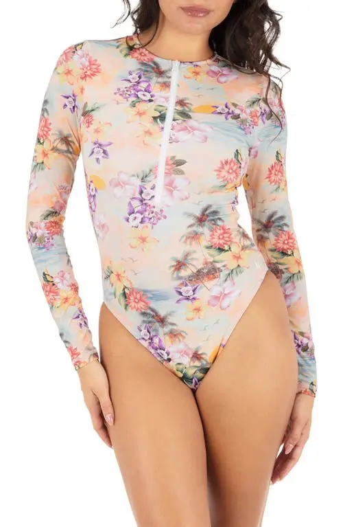 Hurley Long Sleeve Zip One-piece Swimsuit - Shell Pink Multi