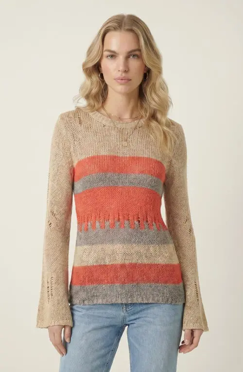 MODENAIRE Distressed Stripe Knit Sweater With Flared Sleeves - Beige