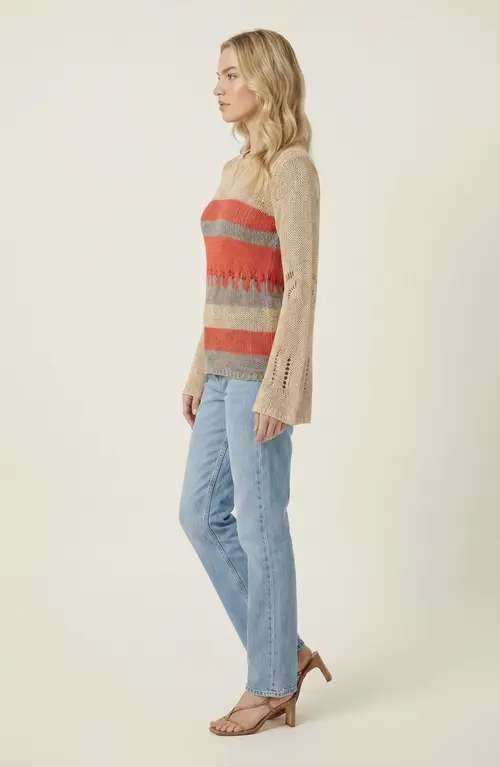 MODENAIRE Distressed Stripe Knit Sweater With Flared Sleeves - Beige