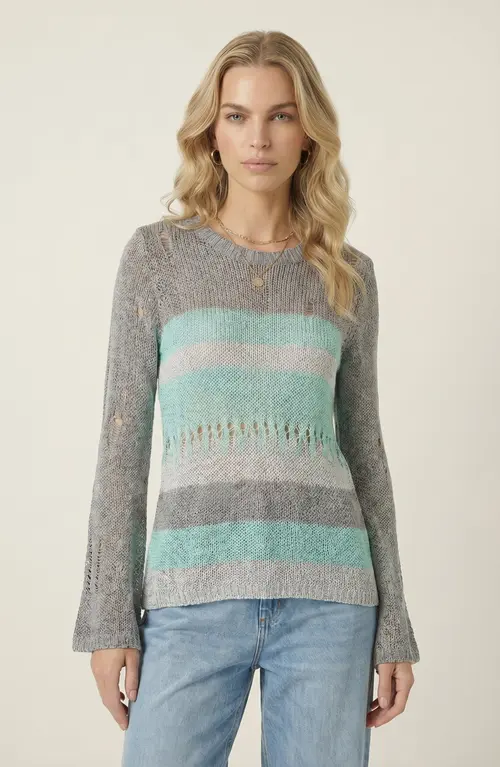 MODENAIRE Distressed Stripe Knit Sweater With Flared Sleeves - Gray