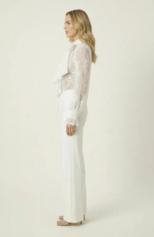 MODENAIRE Sheer Lace Blouse With Oversized Bow Tie Neck