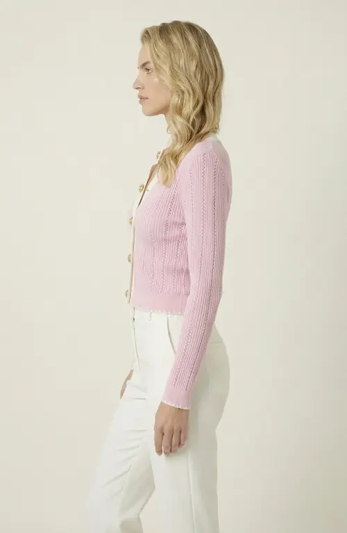 MODENAIRE Ribbed Knit Contrast Trim Cardigan With Gold Buttons