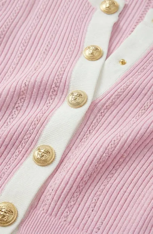 MODENAIRE Ribbed Knit Contrast Trim Cardigan With Gold Buttons