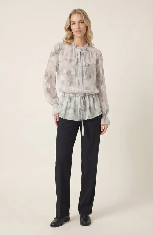 MODENAIRE Sheer Printed Ruffle Neck Blouse