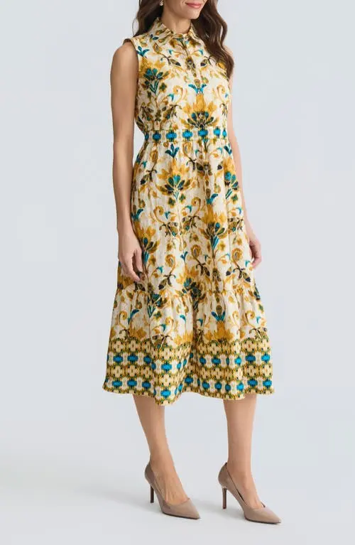 KASPER Sleeveless Border Print Midi Shirtdress