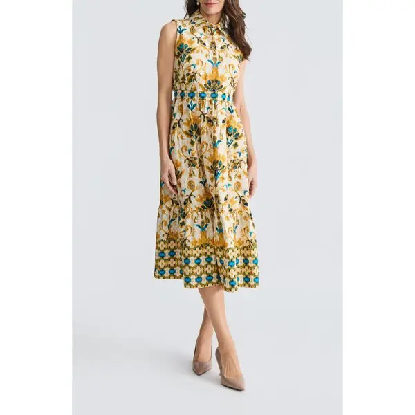KASPER Sleeveless Border Print Midi Shirtdress