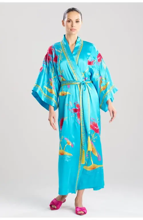 Natori Couture Bali Embroidered Silk Robe - Azure