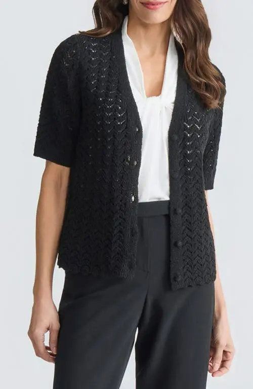 KASPER Textured Stitch Short Sleeve Cardigan - Black
